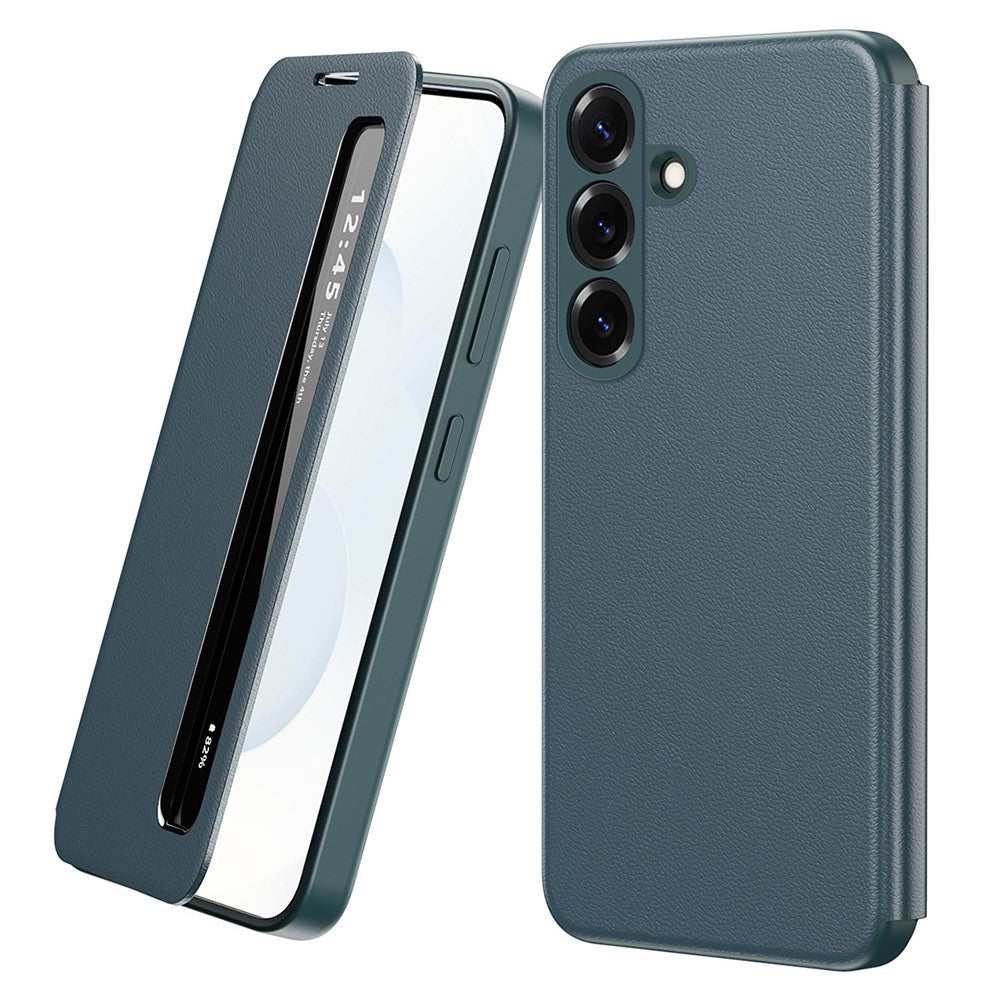 Samsung Galaxy A57 5G-etui med Smart View-vindu i skinn - Grønn – Lux-Case